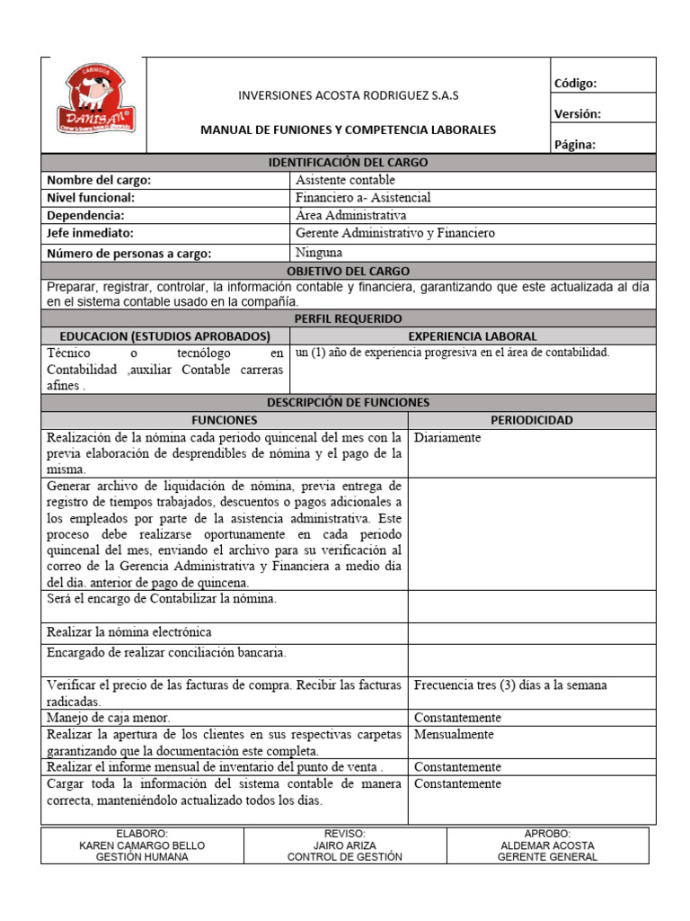 Formato Asistente Contable Manual de Funciones Docx | PDF | Contador | Contabilidad