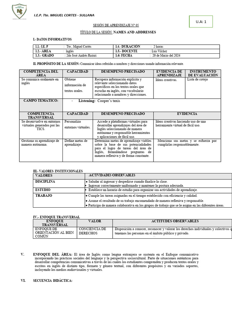 Sesión de Aprendizaje N 05-2do-Primera Unidad-2024 | Descargar gratis PDF | Aprendizaje | Evaluación