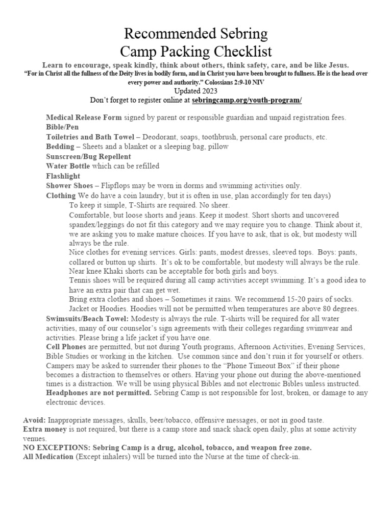 Sebring Camp Packing Checklist 2023 | PDF | Modesty | Fashion
