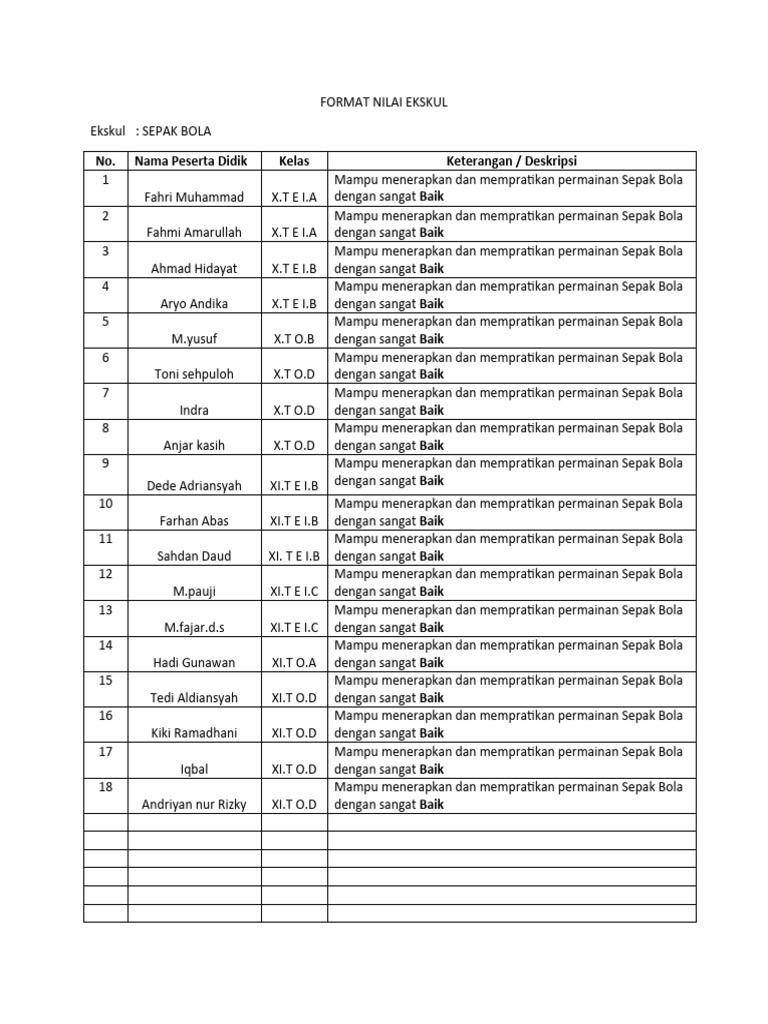 Format Nilai Ekskul Sepac Bola | PDF