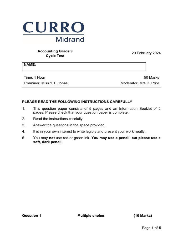 Accounting Grade 9 Term 1 Cycle Test 2024 - MG | PDF | Cash | Receipt
