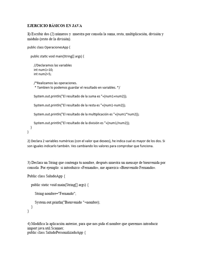 Ejercicios 1-1 Java | Descargar gratis PDF | Java (lenguaje de programación) | Programación de ...