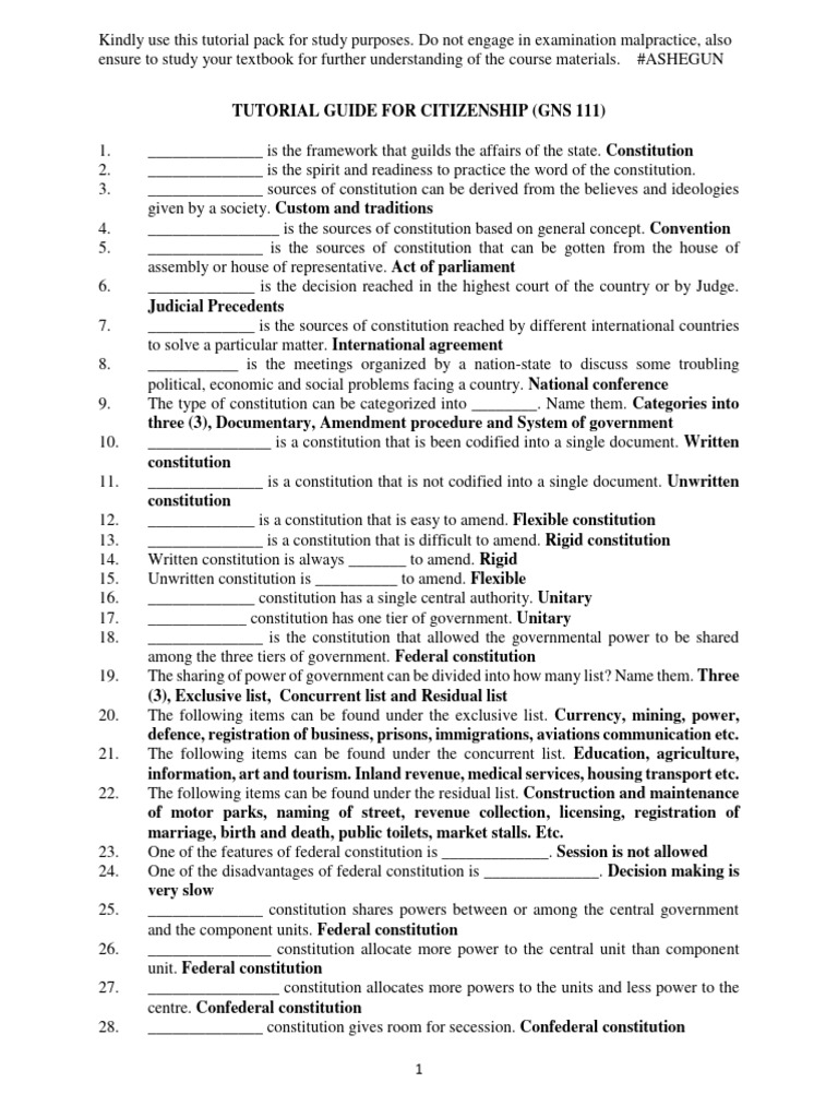 GNS 111 Tutorial Pack | PDF | Constitution | Rights