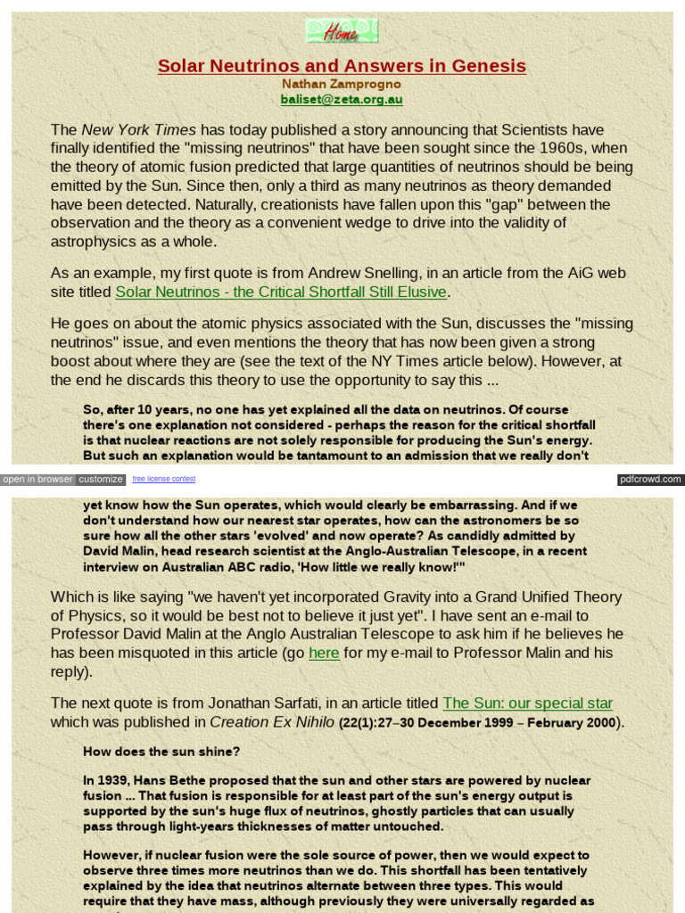 Solar Neutrinos And Answers In Genesis Pdf Neutrino Sun
