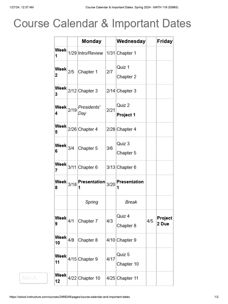 Course Calendar & Important Dates_ Spring 2024 - MATH 119 (53993) | PDF ...