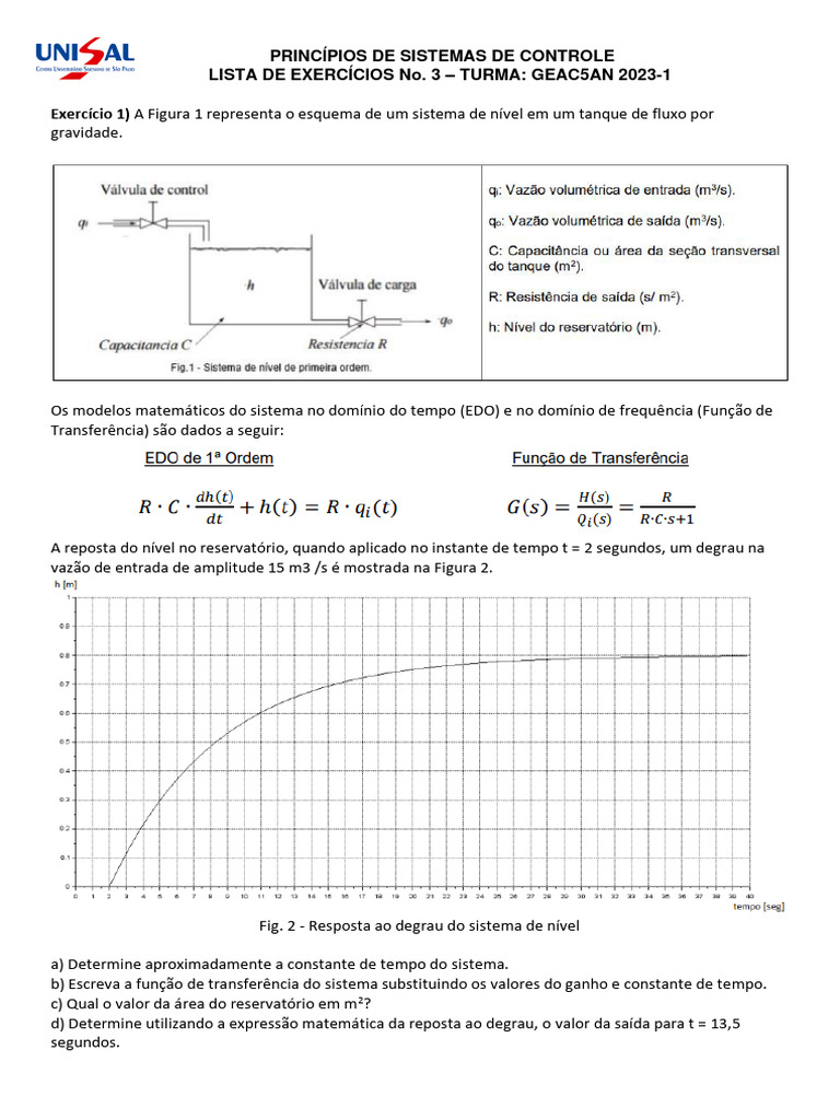 Lista3 - Principios Sist. Controle | PDF | Temperatura | Tempo