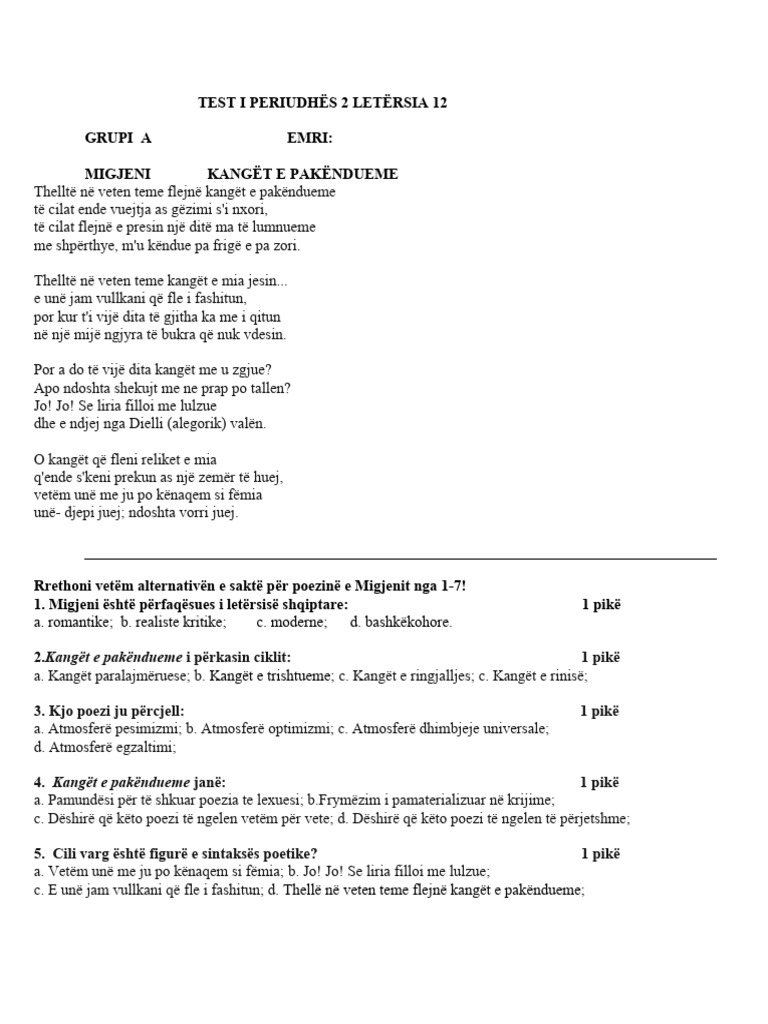 2023 Test I Periudhës 2 Letërsia 12 Poezi Migjeni Me Celsin e ...