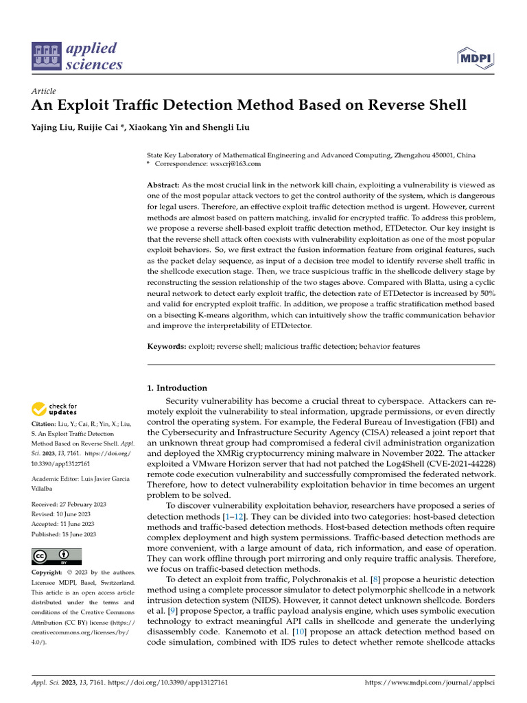 Applied Sciences: An Exploit Traffic Detection Method Based On Reverse Shell | PDF ...