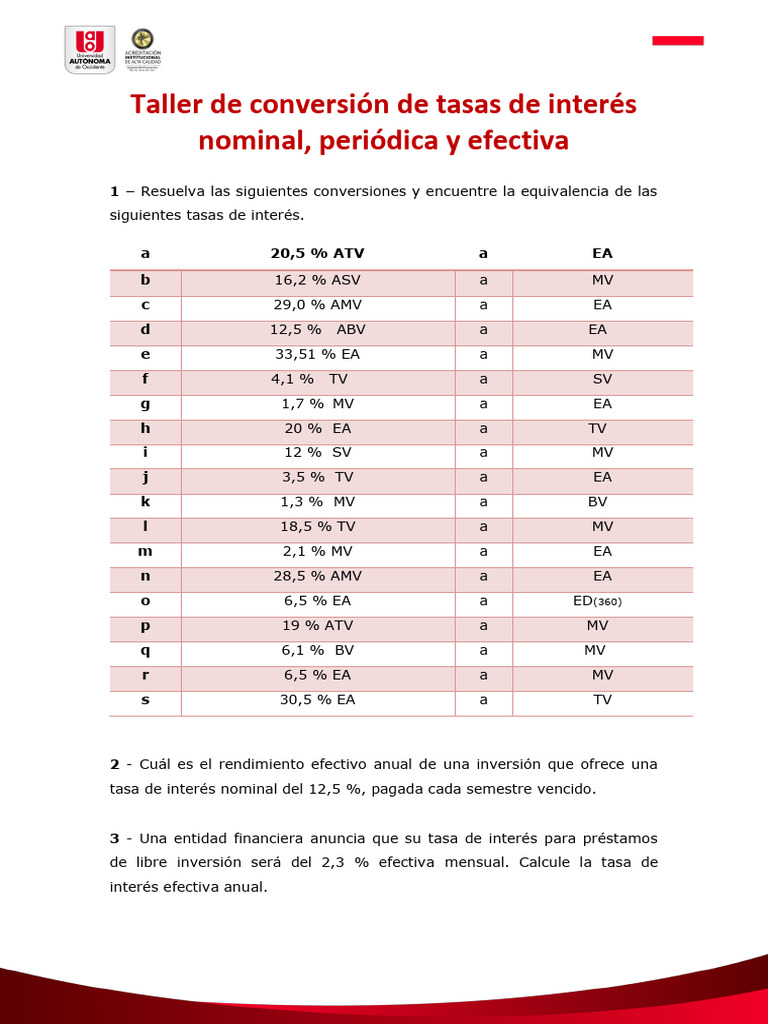 1. Taller de conversión de tasas de interés nominal, periódica y efectiva OK | PDF