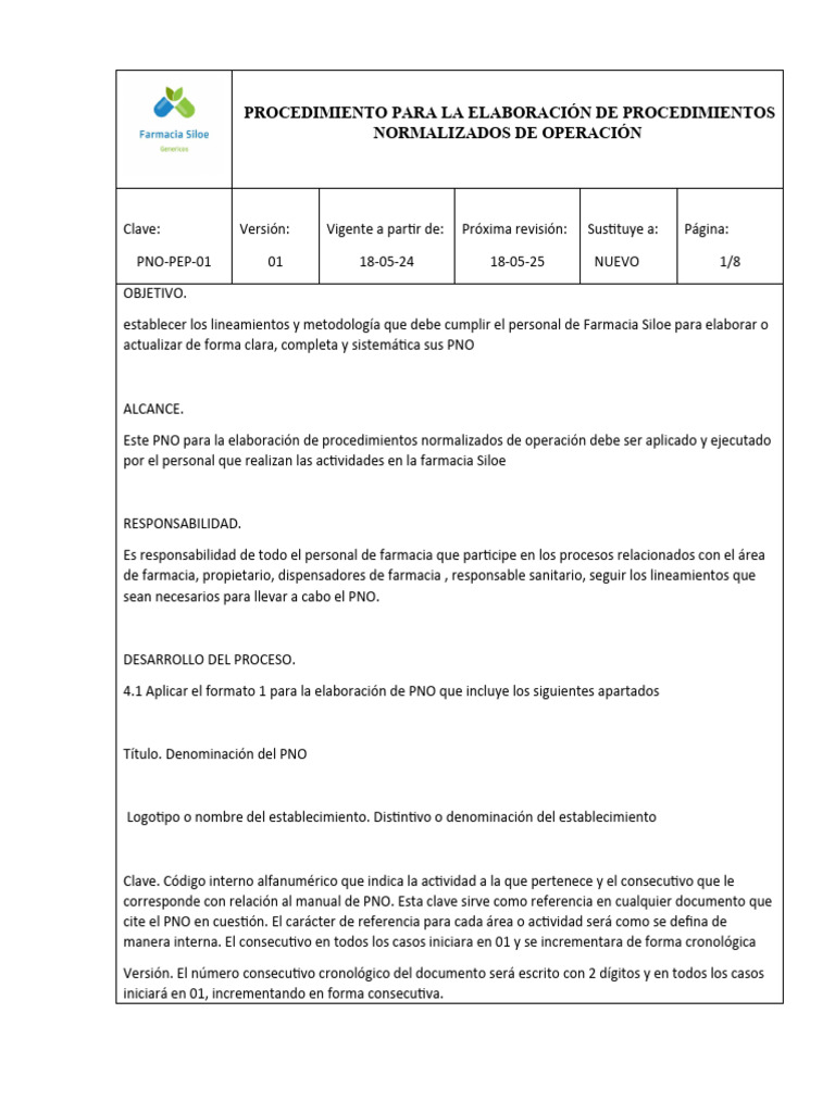 PNO Procedimiento para La Elaboracion de PNO PNO-PEP-01 | Descargar gratis PDF | Farmacia