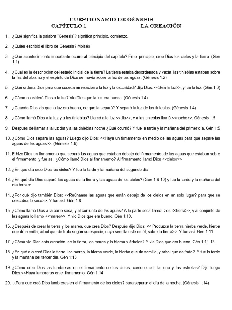 Cuestionario de Génesis Capitulos 1-5 | PDF | Adán y Eva | Jardín del Edén