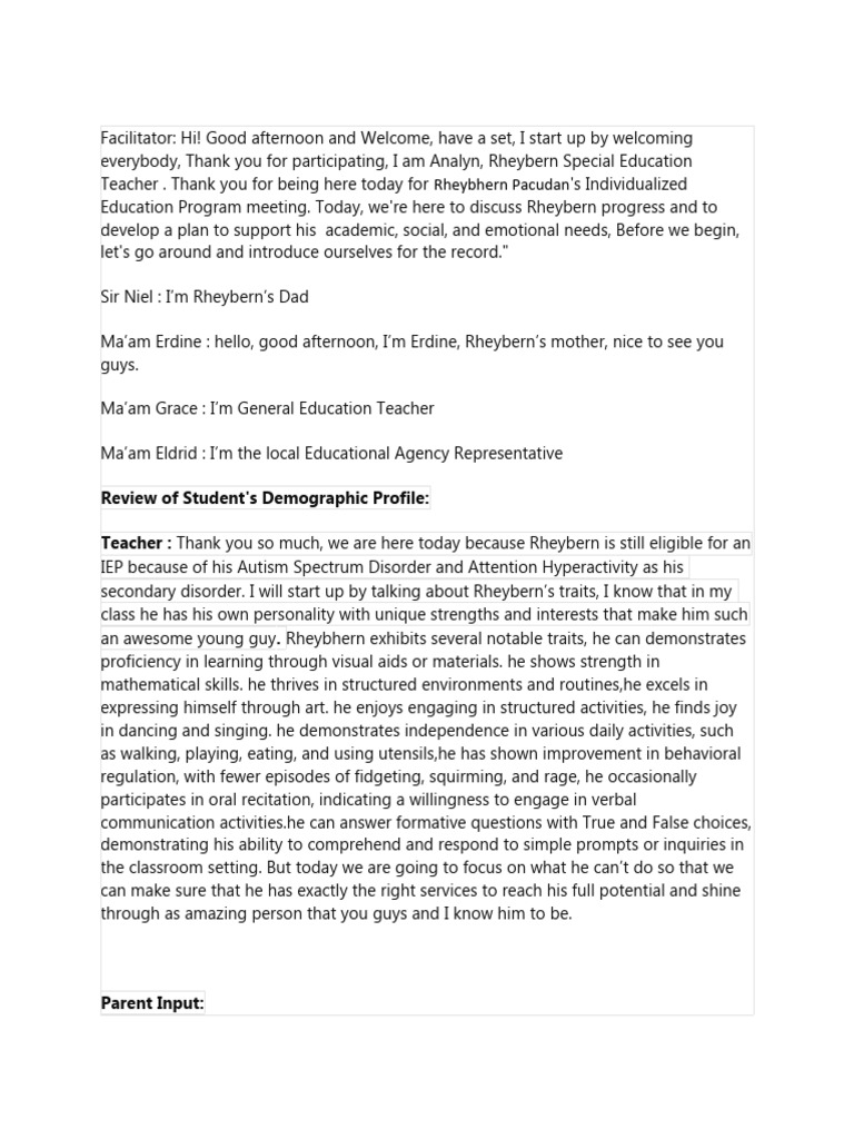 script for an IEP MOCK MEETING | PDF | Inclusion (Education) | Reading ...