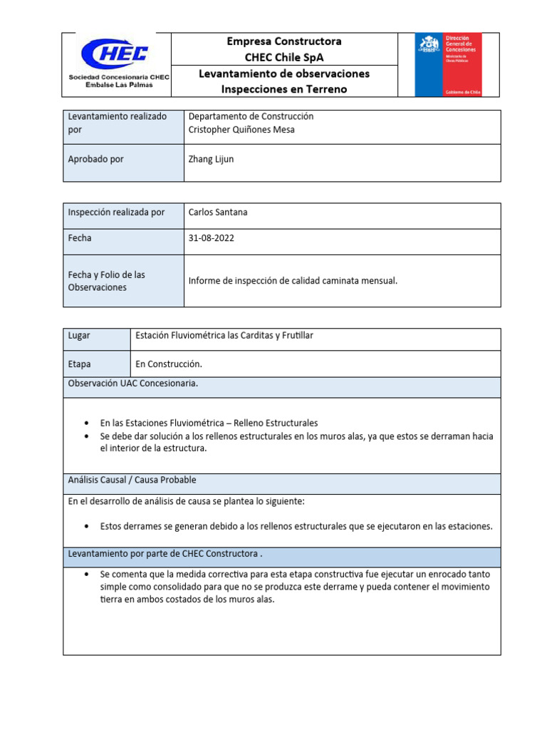 Inspección Calidad CHEC: Observaciones Relleno | PDF | Derecho