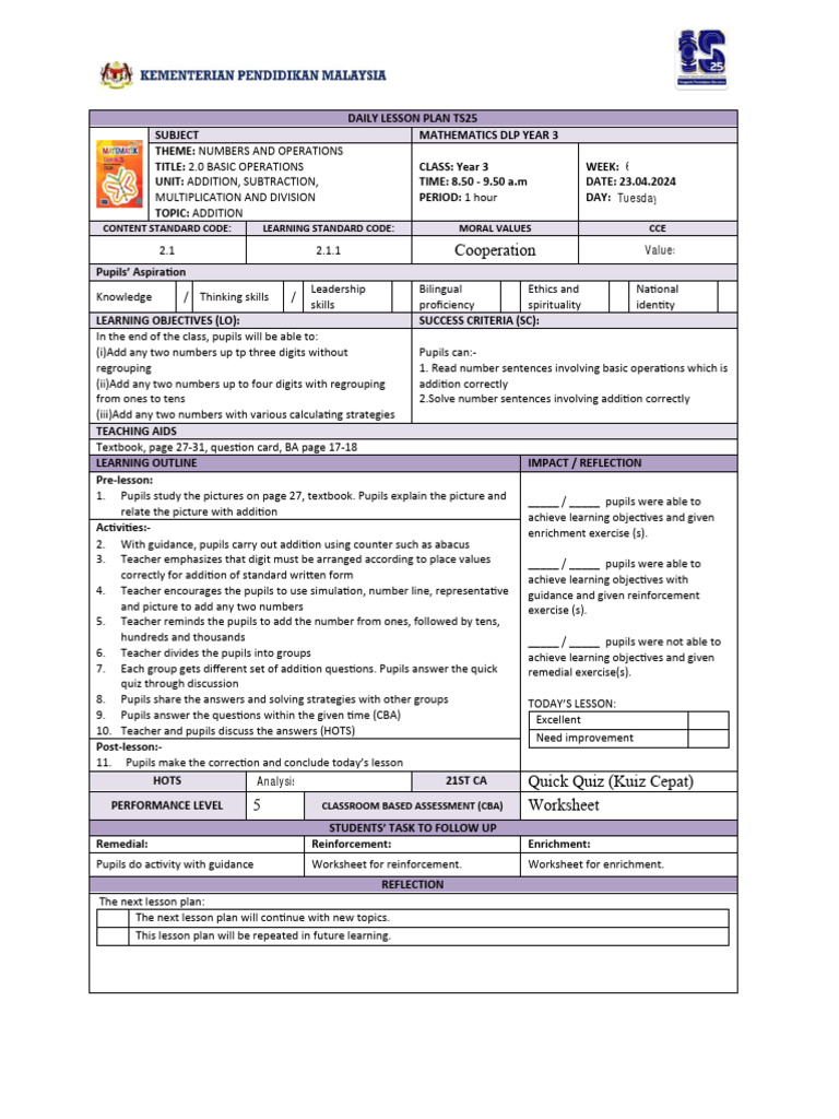 MT DLP Y3 TS25 (Topic 2) | PDF | Lesson Plan | Teachers