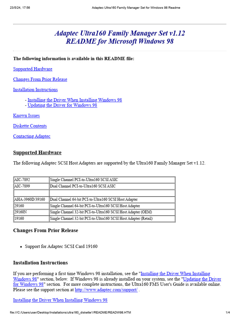 Adaptec Ultra160 Windows 98 | PDF | Booting | Microsoft Windows