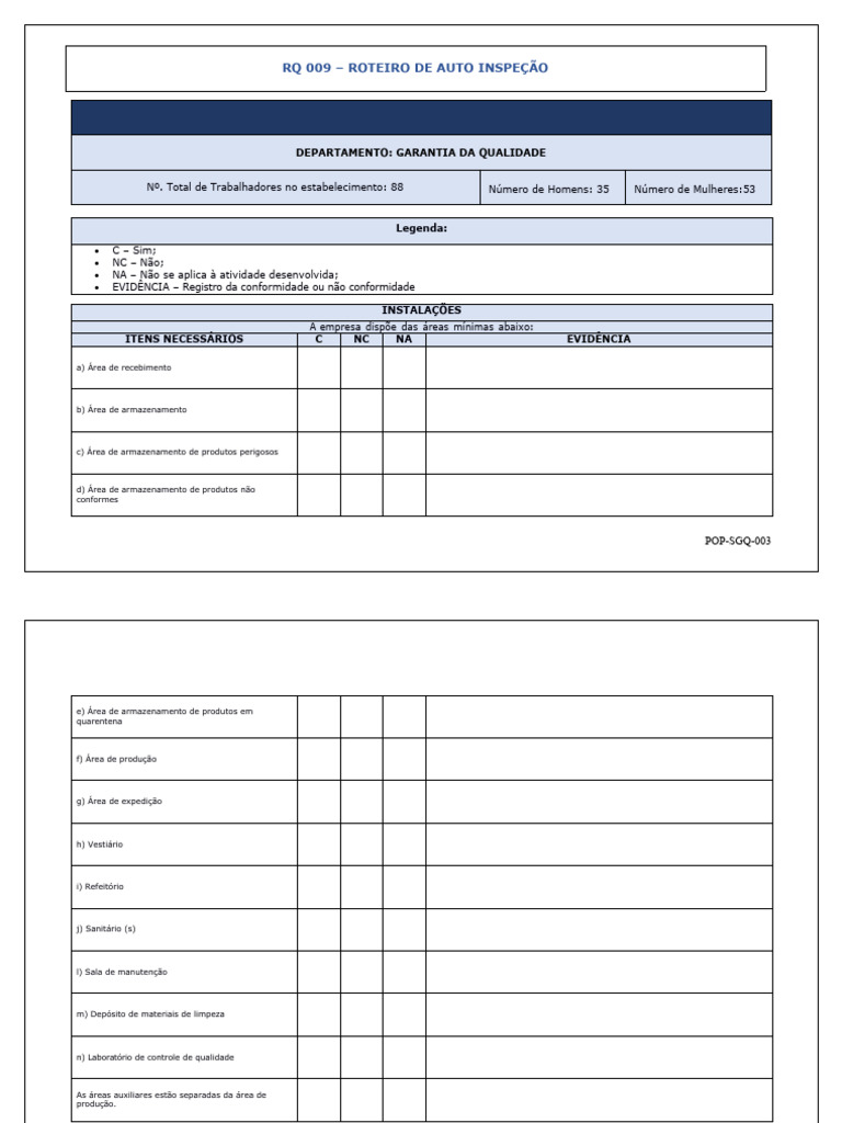 RQ 009 - Roteiro de Auto Inspeção | PDF | Qualidade (negócios)
