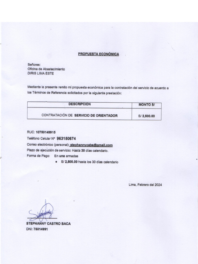 Propuesta Economica Stephanny Castro Febrero | PDF | Documento de ...