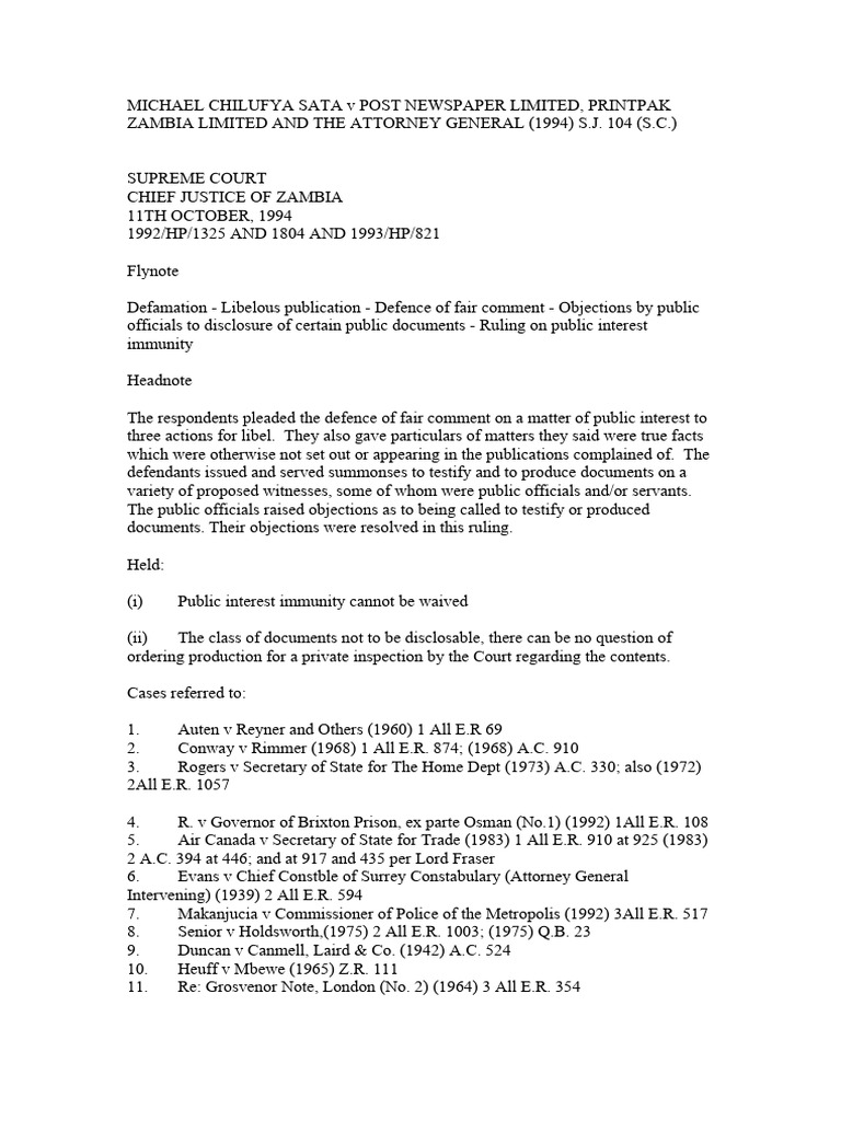 MICHAEL CHILUFYA SATA V POST NEWSPAPER LIMITED | PDF | Discovery (Law) | Sovereign Immunity