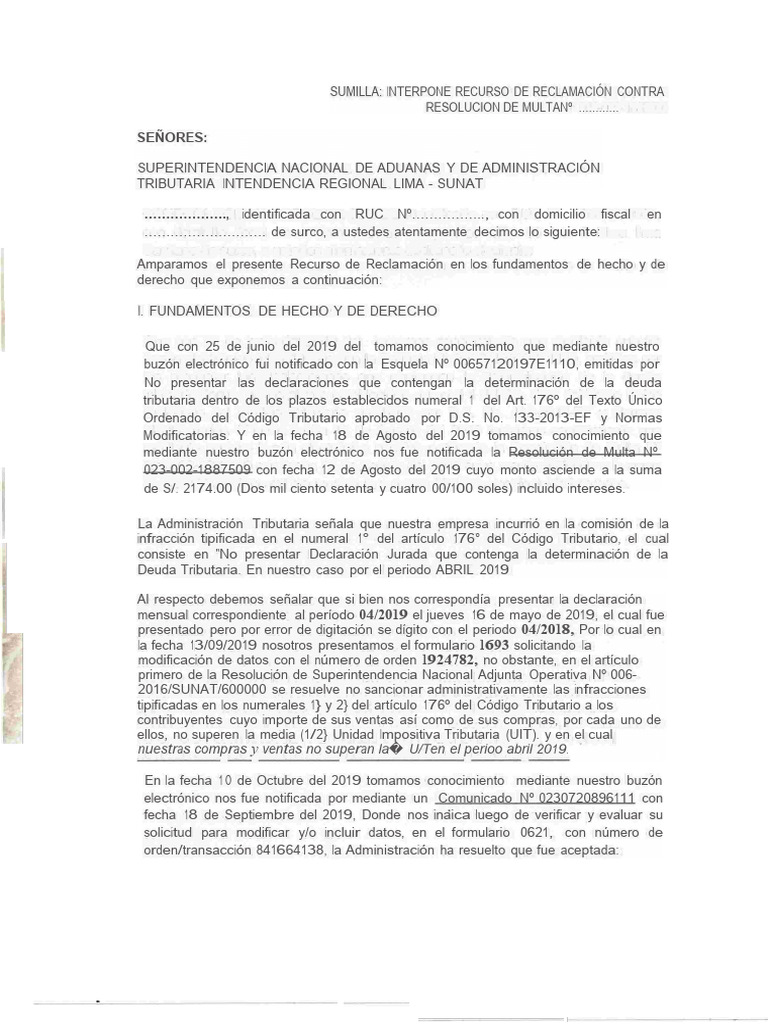 RECURSO DE RECLAMACION Sunat | PDF