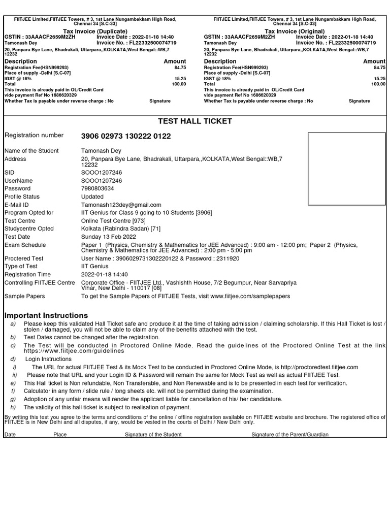 Fiitjee Exam Admit Card | PDF