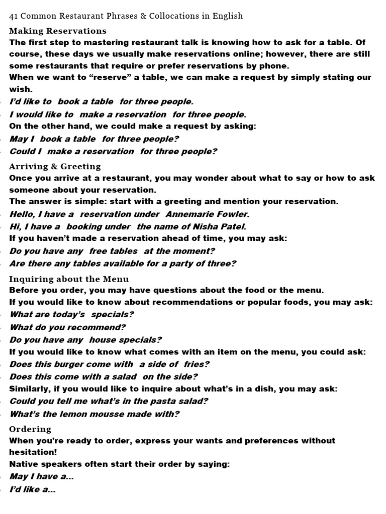 Common Restaurant Phrases in English | PDF | Payments | Waiting Staff
