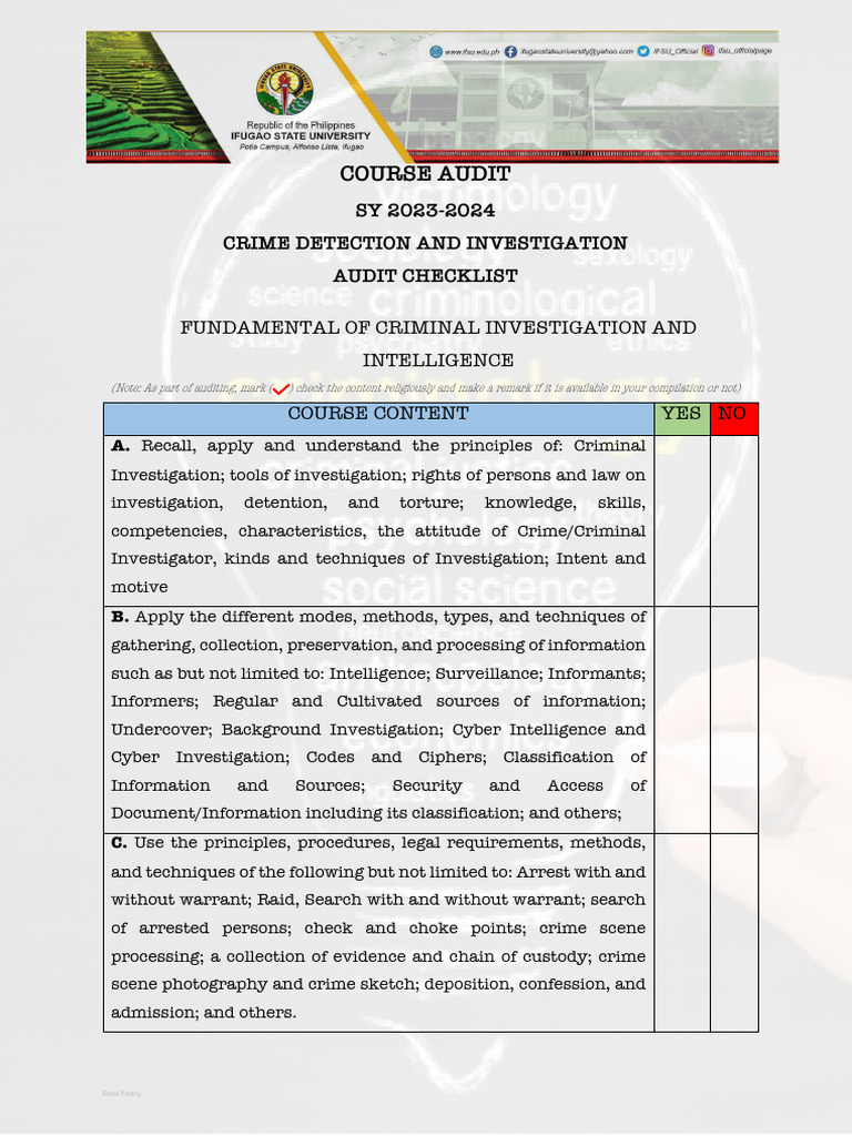 COURSE AUDIT CDI Checklist | PDF | Traffic | Crime Scene
