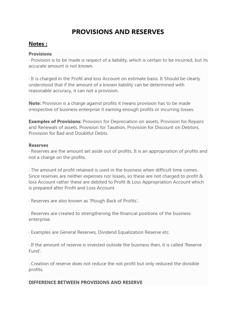 PROVISIONS AND RESERVES Notes | PDF | Debits And Credits | Dividend