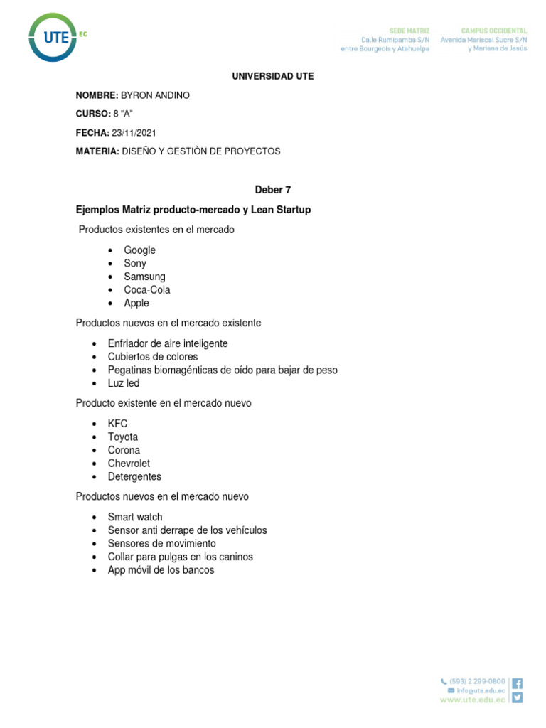 Deber 7 | Descargar gratis PDF | Lean Startup | Empresa de inicio