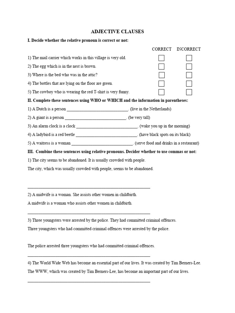 Adjective Clauses Practice Exercises | PDF | Cougar