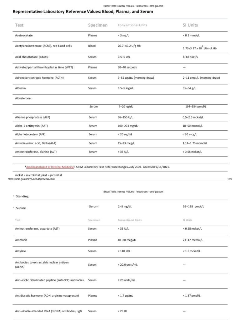 Blood Tests Normal Values Ome Ga | PDF | Blood Plasma | Blood