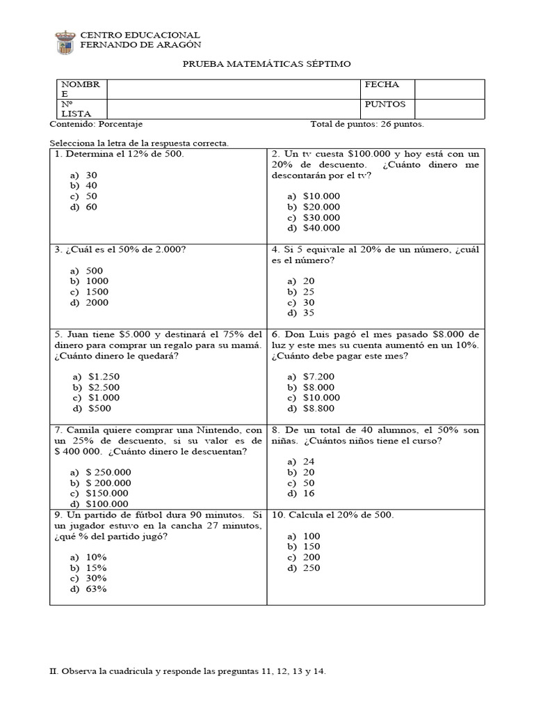 Mat 7 Prueba Porcentaje | PDF | Porcentaje