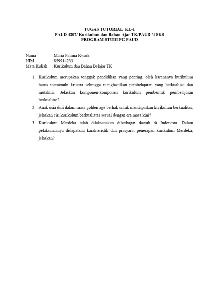 Maria Fatima Kwaik Tugas 1 Mk Kurikulum Dan Bahan Belajar Tk Pdf