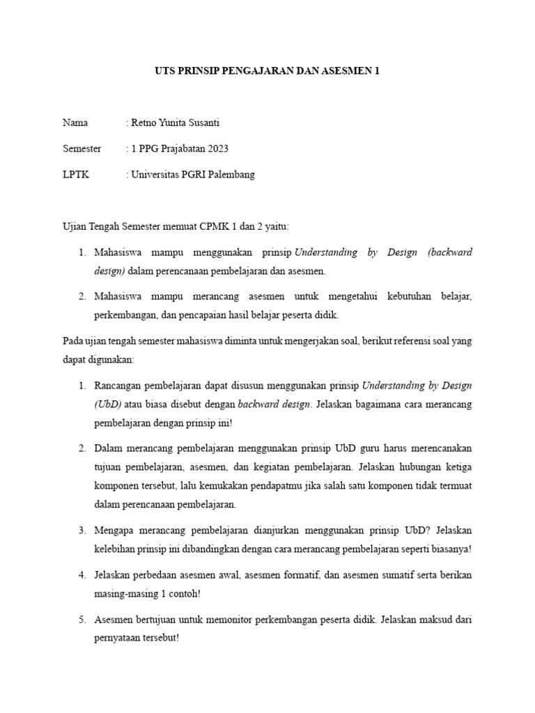 Uts Prinsip Pengajaran Dan Asesmen 1 | PDF