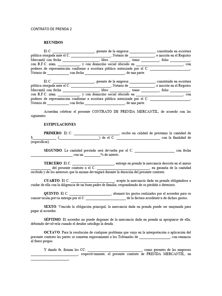 Contrato de Prenda Mercantil Detallado | PDF | Derecho privado | Ley común
