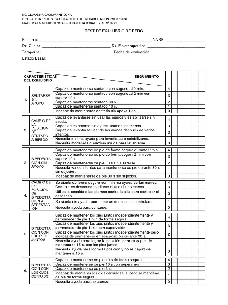 TEST DE EQUILIBRIO DE BERG Detalles | PDF | Medicina CLINICA