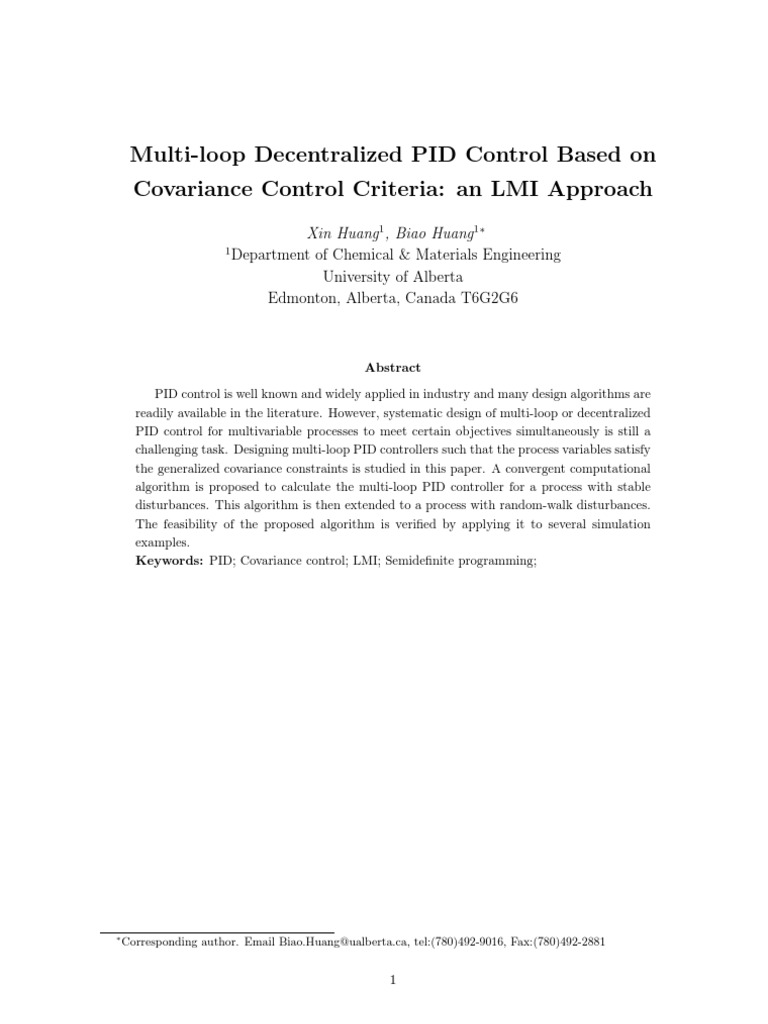 Multi-Loop Decentralized PID Control Based On Covariance Control Criteria: An LMI Approach ...