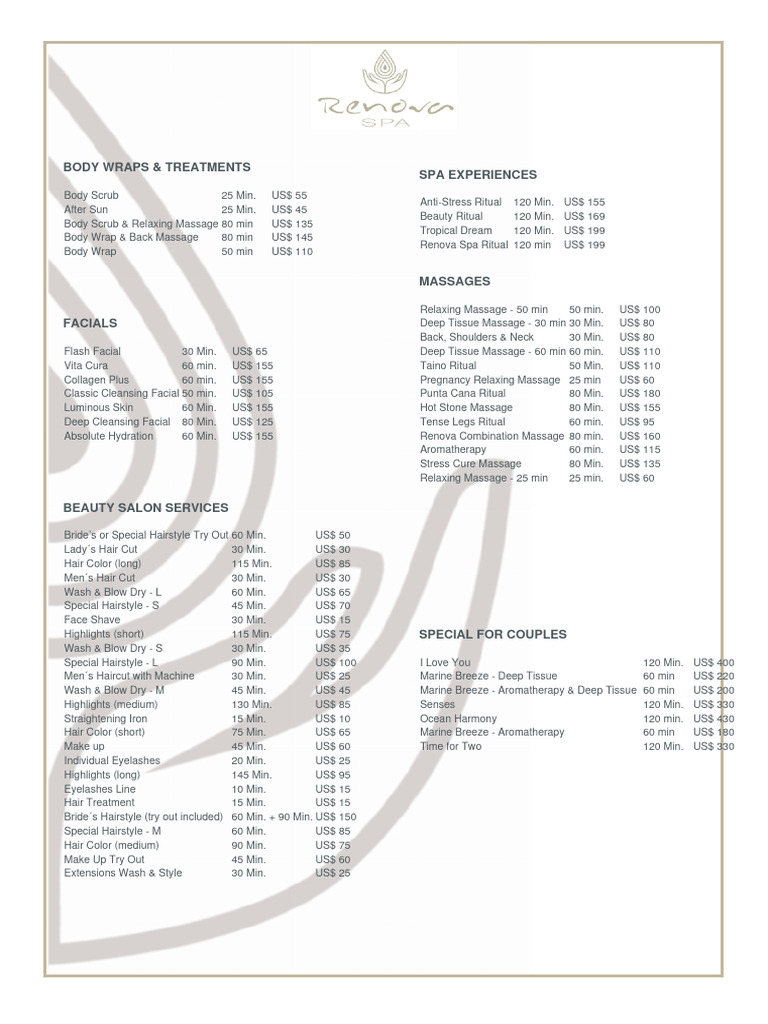 Price - List - Riu Palace Punta Cana | PDF | Hairstyle | Hair