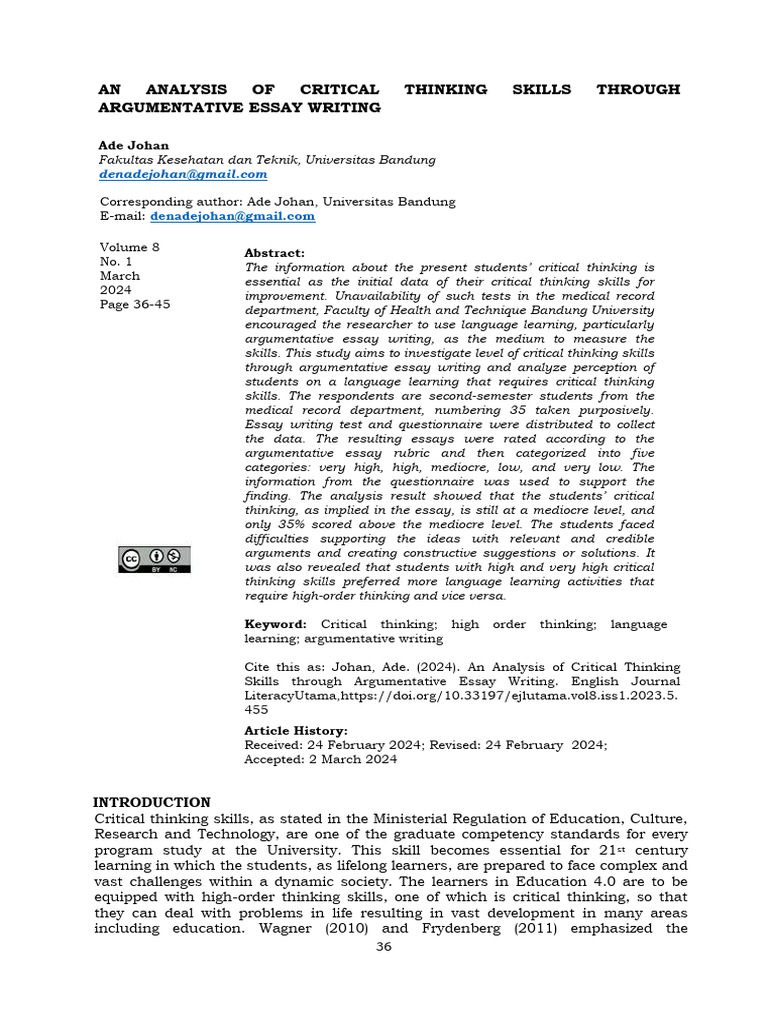 Analysis of Critical Thinking Skills Through Argum | PDF | Critical Thinking | Thought