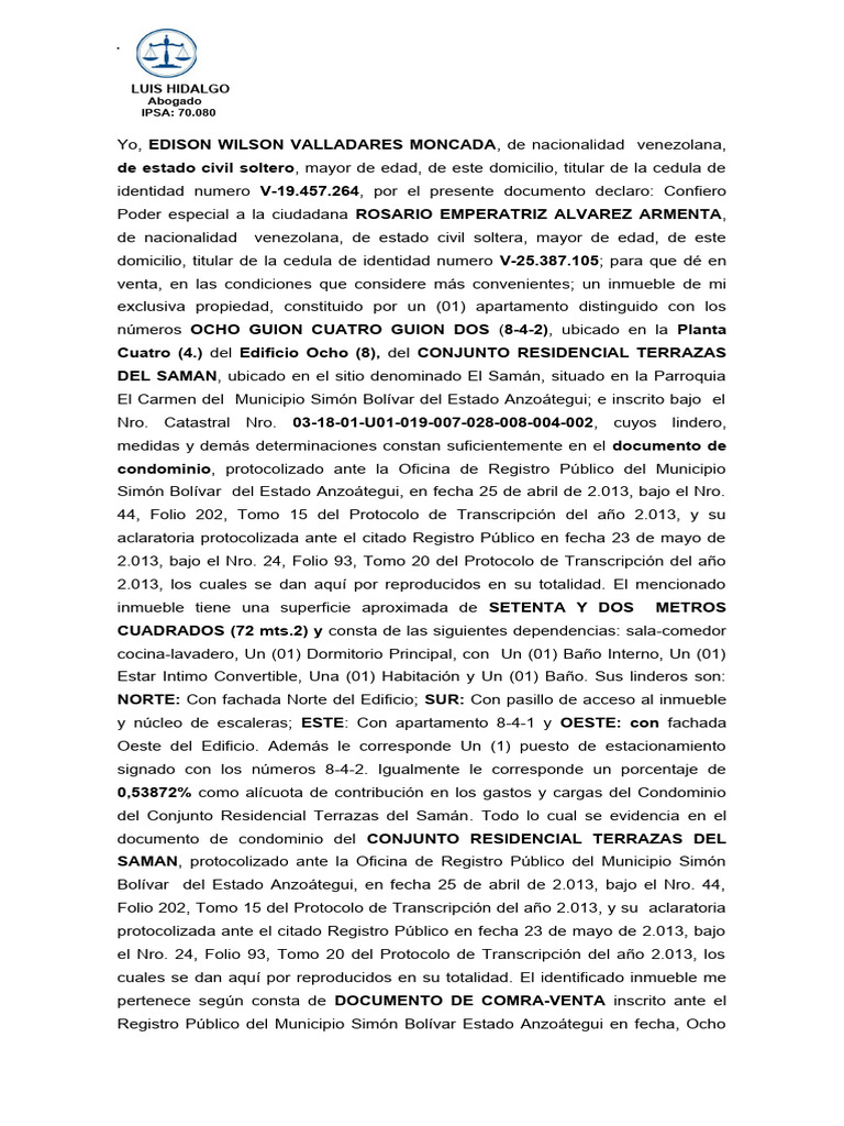 Poder Venta Inmueble Edison Valladares - Rosario Alvarez-Geovanny | PDF | Ley de bienes inmuebles