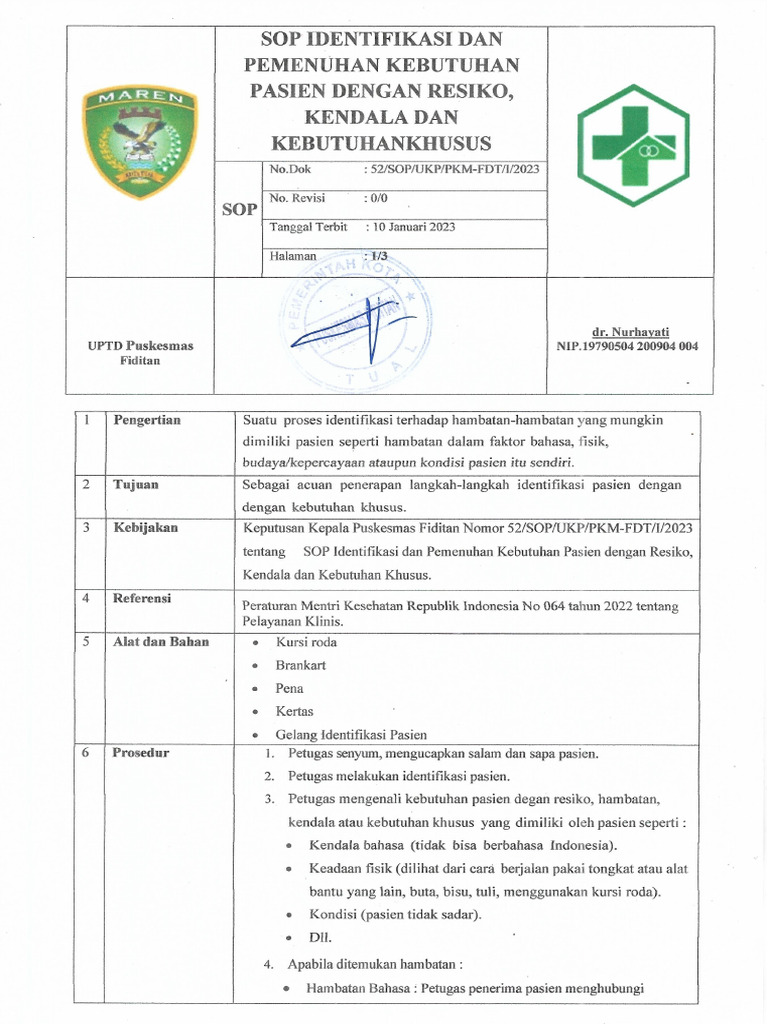 Sop Identifikasi Dan Pemenuhan Kebutuhan Pasien Dengan Resiko, Kendala, Dan Kebutuhan Khusus | PDF