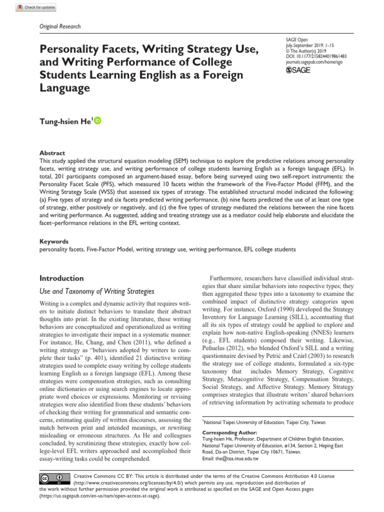 Personality Facets Writing Strategy Use and Writing Performance of ...