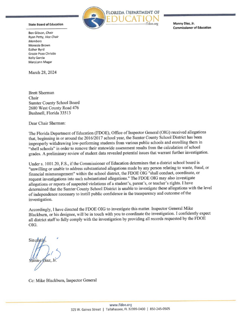 Commissioner Letter To SumterCounty SD | PDF