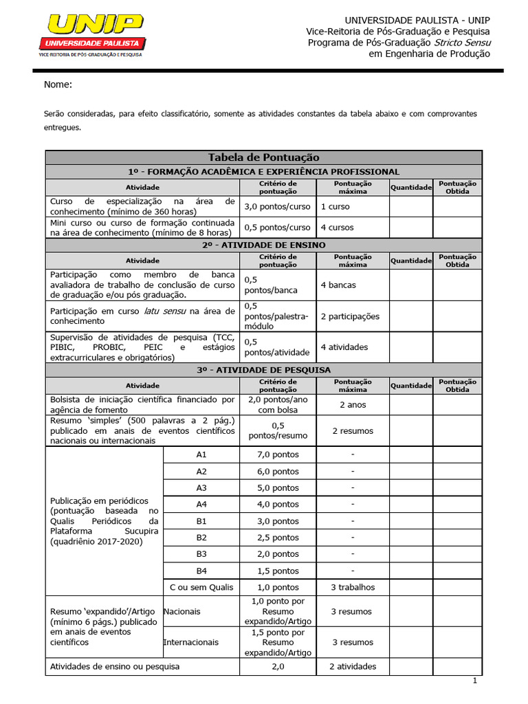 Tabela Pontuacao | Download grátis PDF | Pós-graduação | Academia