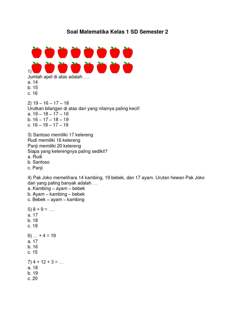 Soal Matematika Kelas 1 SD Semester 2 | PDF