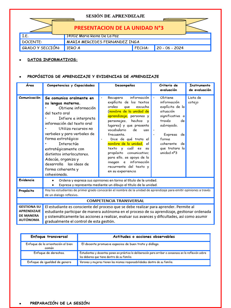 Sesión de Aprendizaje Presentamos Titulo de La Unidad 3 | PDF | Aprendizaje | Evaluación