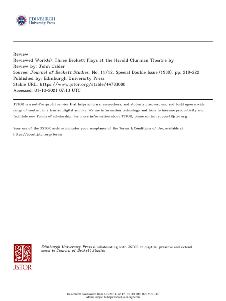 Three Beckett Plays at The Harold Clurman Theatre | PDF | Art | Young Adult