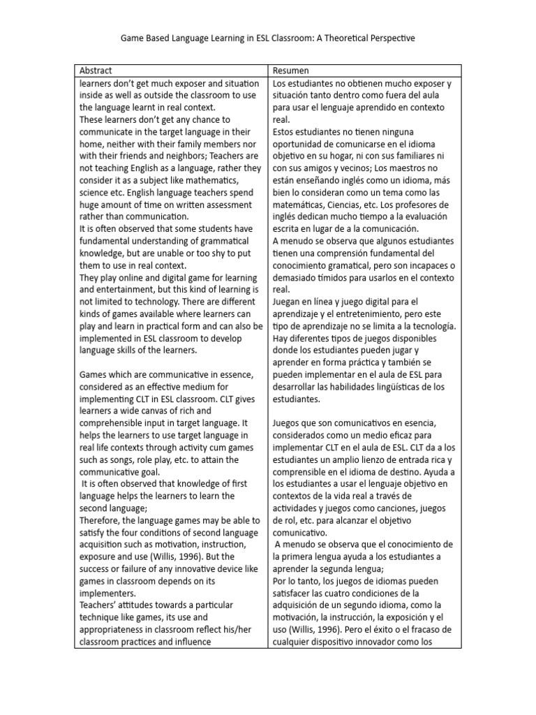 Game Based Language Learning in ESL Classroom | PDF | Maestros | Aprendizaje