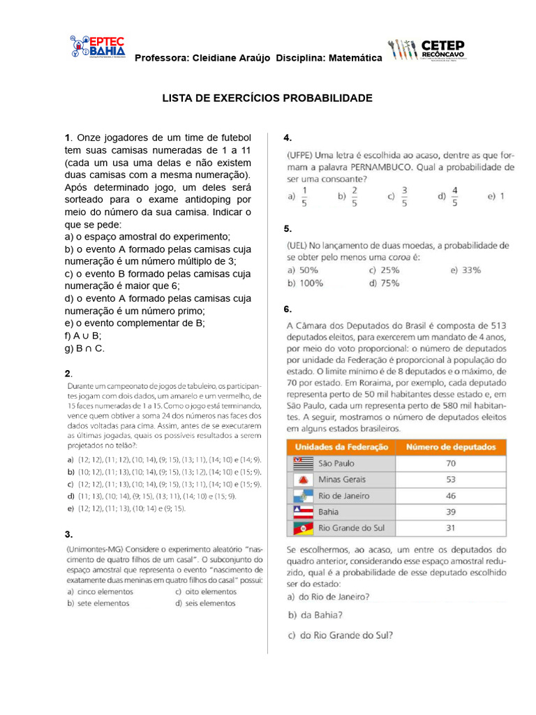 Lista de Exercícios Probabilidade | Download grátis PDF | Probabilidade