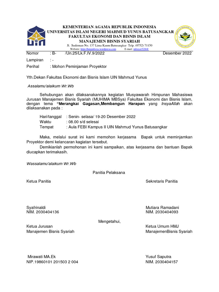 Surat Peminjaman Proyektor | PDF