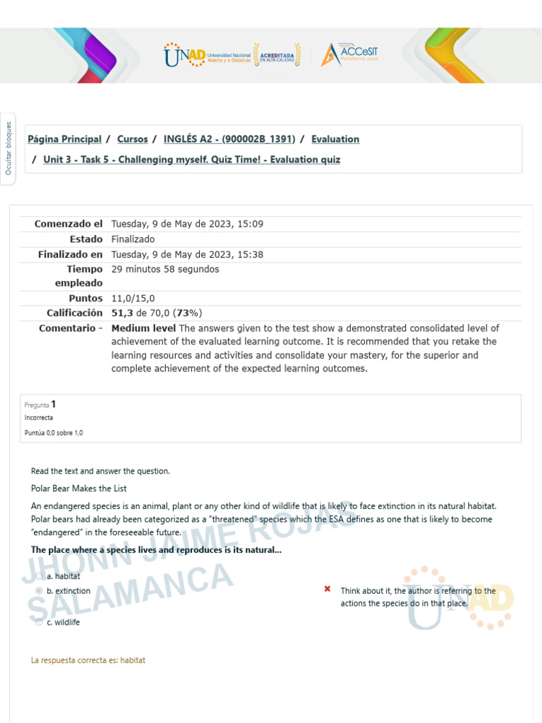 Unit 3 - Task 5 - Challenging Myself. Quiz Time! - Evvvaluation Quiz - Revisión Del Intento ...